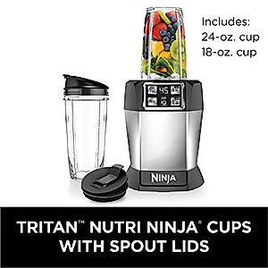 Ninja BL480D Nutri Personal Countertop Blender, Auto-iQ Technology, 1000-Watts, for Frozen Drinks, Smoothies, Sauces & More, with 18-oz. & 24-oz. To-Go Cups & Spout Lids, Black/Silver
