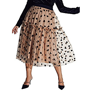Floerns Women's Plus Size Heart Printed Contrast Mesh Frill Trim Flared Midi Skirt Apricot 2XL