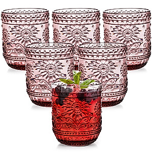 Hacaroa 6 Pack 12 Oz Drinking Glasses, Vintage Water Glasses Purple Colored Glassware Heavy Duty, Decorative Floral Embossed Beverages Tumblers for Whiskey, Beer, Juice, Wine