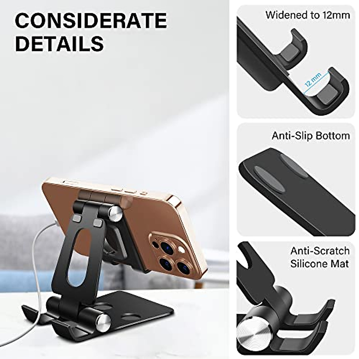 Vakoo Phone Stand, Adjustable Phone Holder for Desk, Upgraded Aluminum Cell Phone Stand Cradle Dock Compatible with iPhone/iPad/Smartphones/Switch/Android, Black