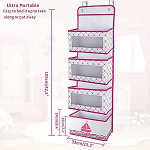 Boczif Over Door Hanging Organizer, Wall Mount Storage with 4 Large Pocket and Mesh Clear Window, Closet Door Organizer for Children's Rooms,Nursery, Bedroom, Kids Toys, Shoes, Diapers(1-Pink)
