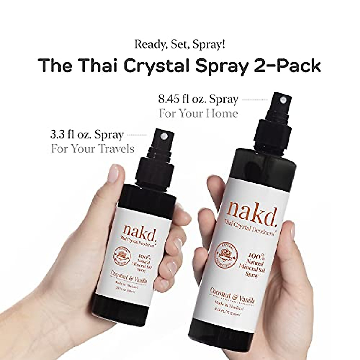 nakd. Thai Crystal Deodorant Spray – 2 Salt Deodorant Crystal Sprays, 8.45 FL oz. Regular + 3.3 FL oz. Travel Size – Natural and Aluminum Free Deodorant for Women, Men, and Kids - Coconut & Vanilla