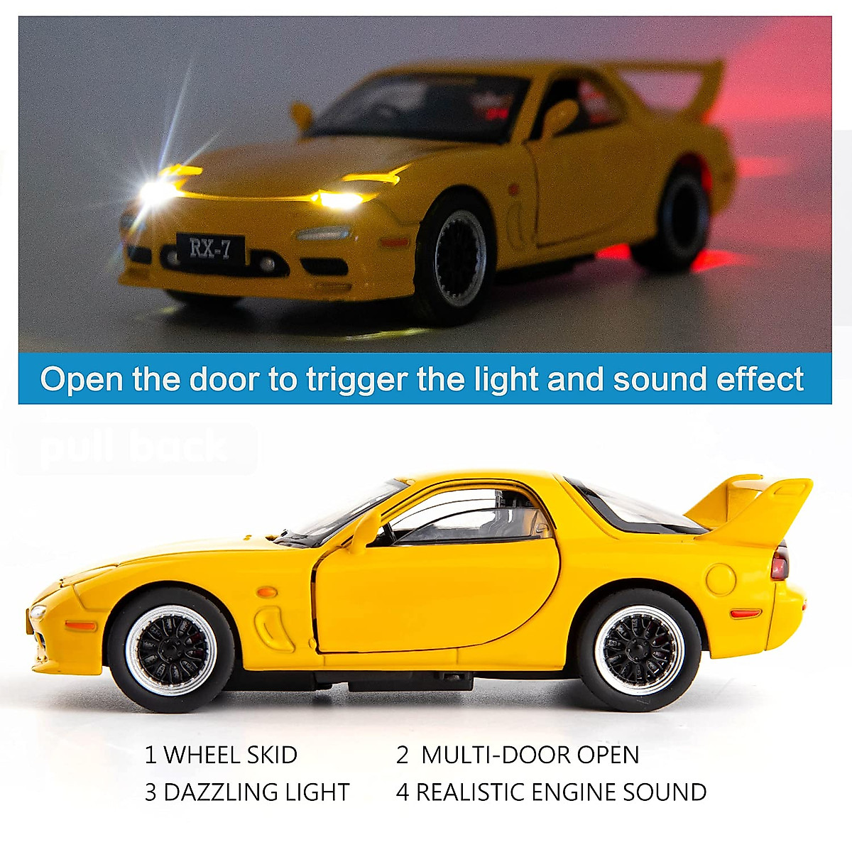 TGRCM-CZ 1/32 Scale RX-7 Model Car, Zinc Alloy Toy Car with Sound and Light for Kids Boy Girl Gift Metal Body, Door can be Opened Yellow