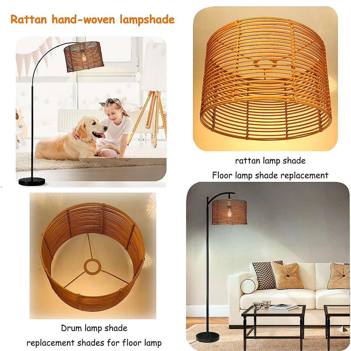 Rattan Drum lamp shades rattan Chandelier Shades Woven Boho Rattan Lampshade Chandelier Shades Pendant light Covers E26 E27 Replacement Table Lamp Floor Lamps Lampshades(Dark Brown)