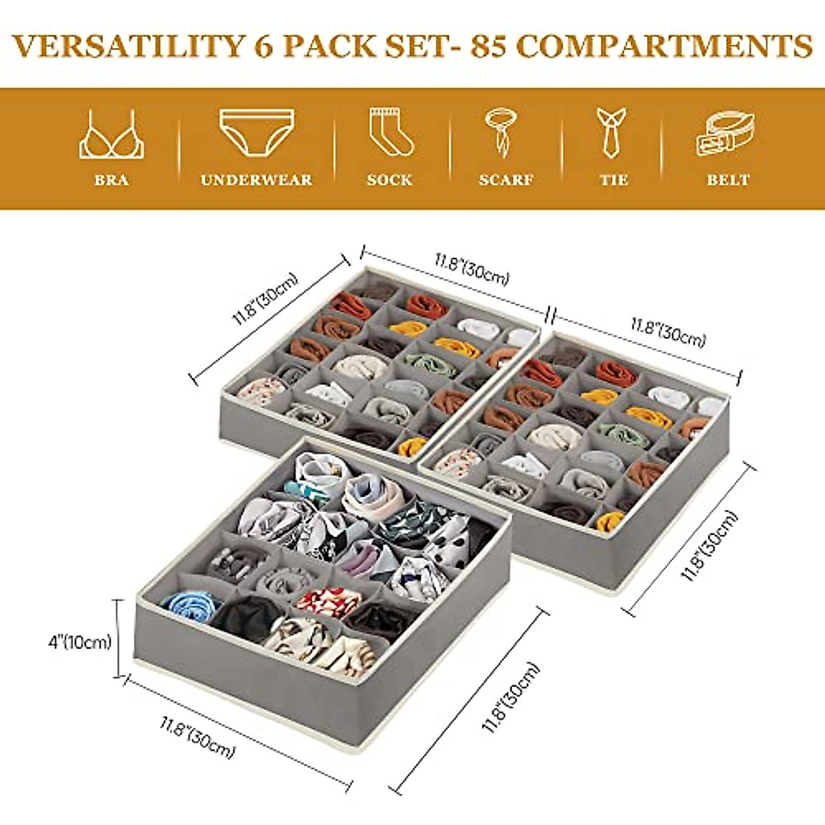 Secret Space Sock and Underwear Organizer 3 Pack, Large Capacity 64 Cell Sock Drawer Organizer Divider, Sturdy Closet Drawer Organizer and Storage Box for Socks, Panties, Ties, Belts, Dark Grey