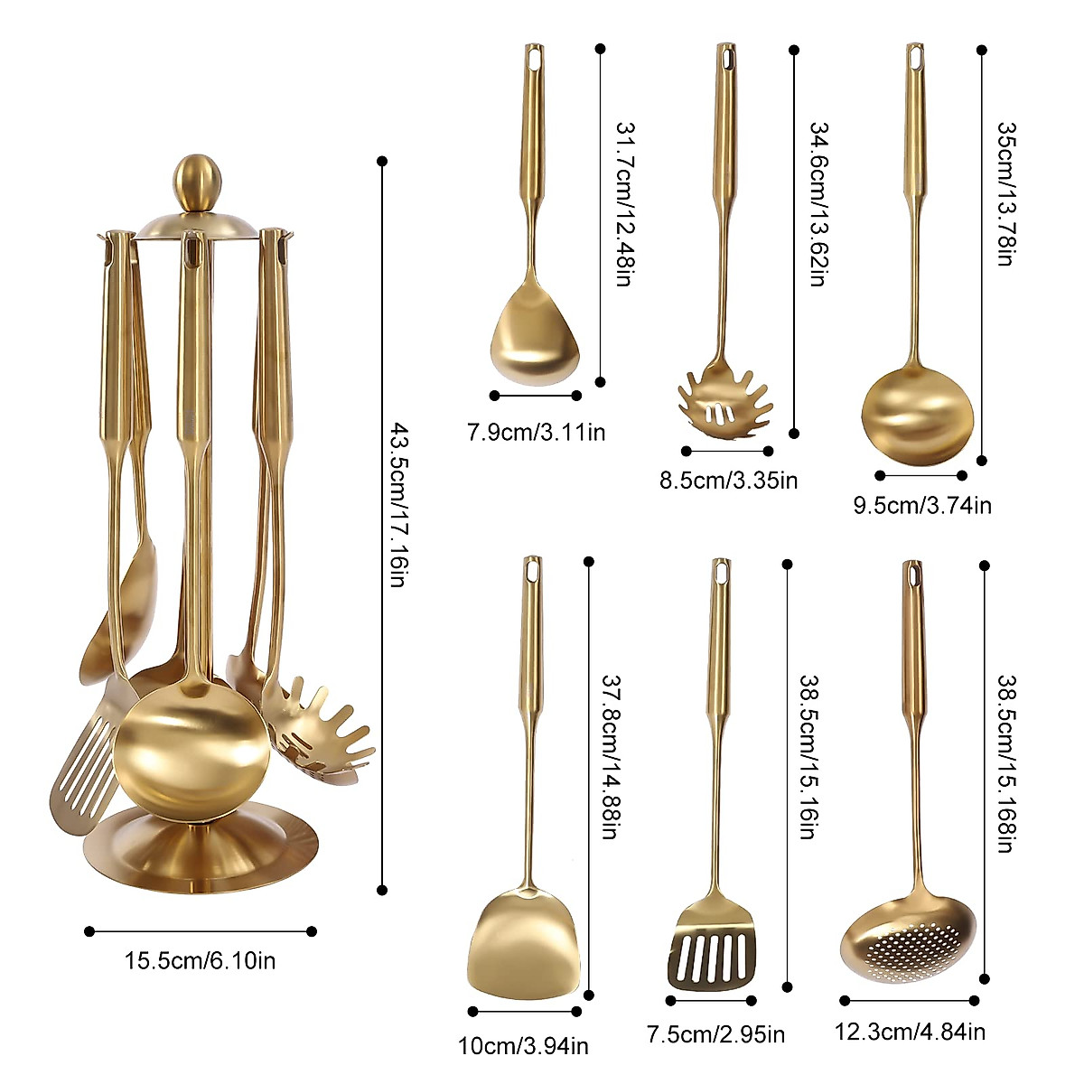 Gold Cooking Utensils Set with Holder, 7 PCS 304 Stainless Steel Cooking Kitchen Utensil Set with Rotating Holder, Spatula, Slotted Turner, Ladle, Skimmer, Pasta Server, Large Rice Spoon