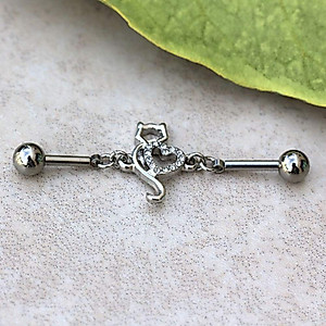 Amelia Fashion 14 Gauge Cat With CZ Heart Chain Industrial Barbell 316L Stainless Steel (Steel/Clear)