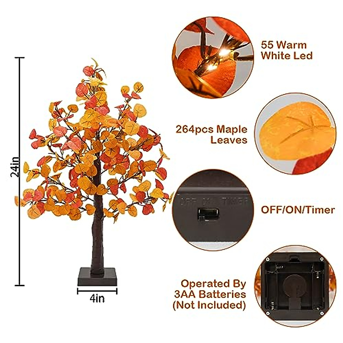 Agusbagli 24 Inch Artificial Fall Lighted Eucalyptus Tree Decor, 55 LED Battery Operated Fall Light Up Tabletop Tree with Timer for Indoor Home Wedding Harvest Fall Autumn Thanksgiving Decorations