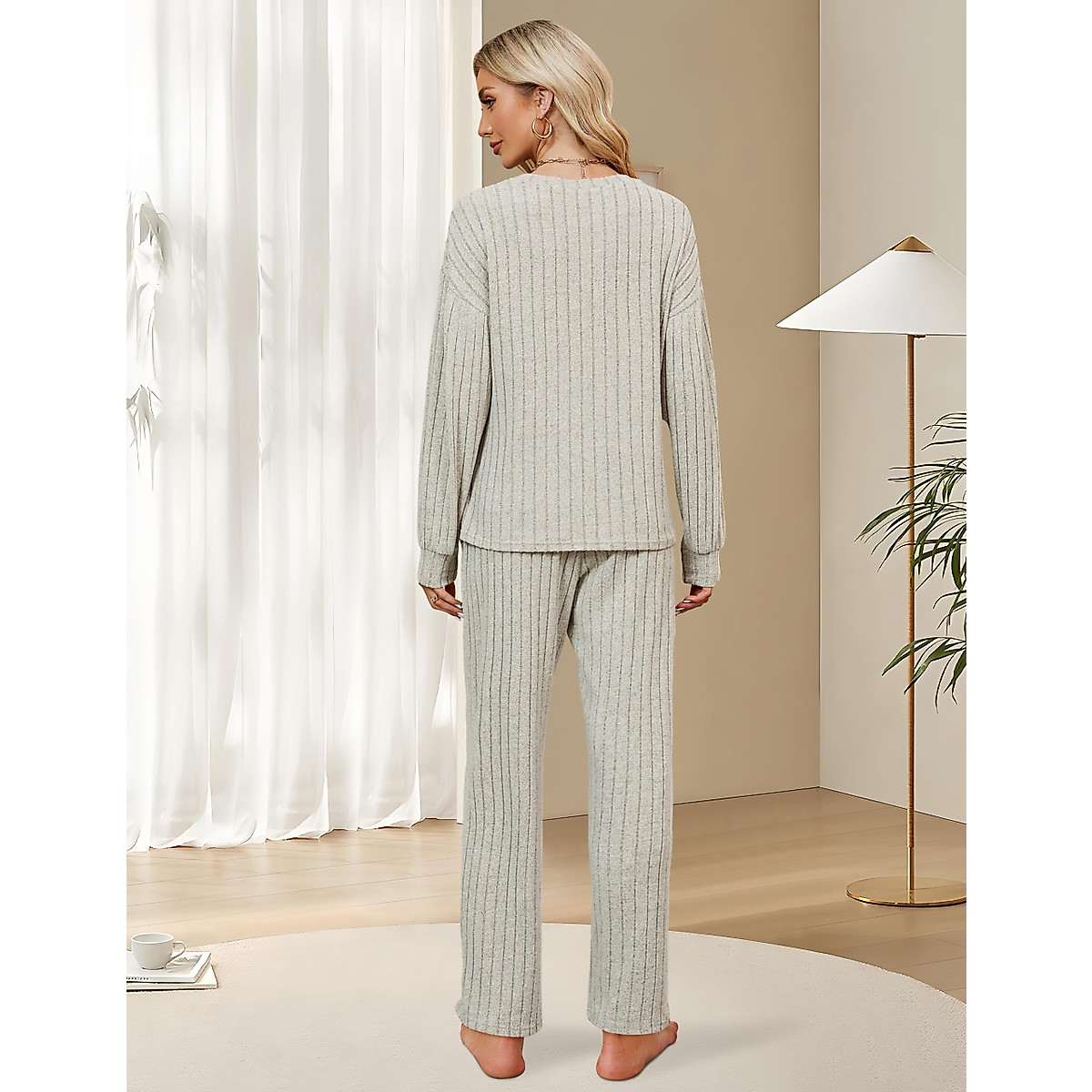 Blooming Jelly Womens Lounge Set Cute Long Sleeve Pajama Sets Casual 2 Piece Pj Outfit Fall Sleepwear Pockets(S,Apricot)