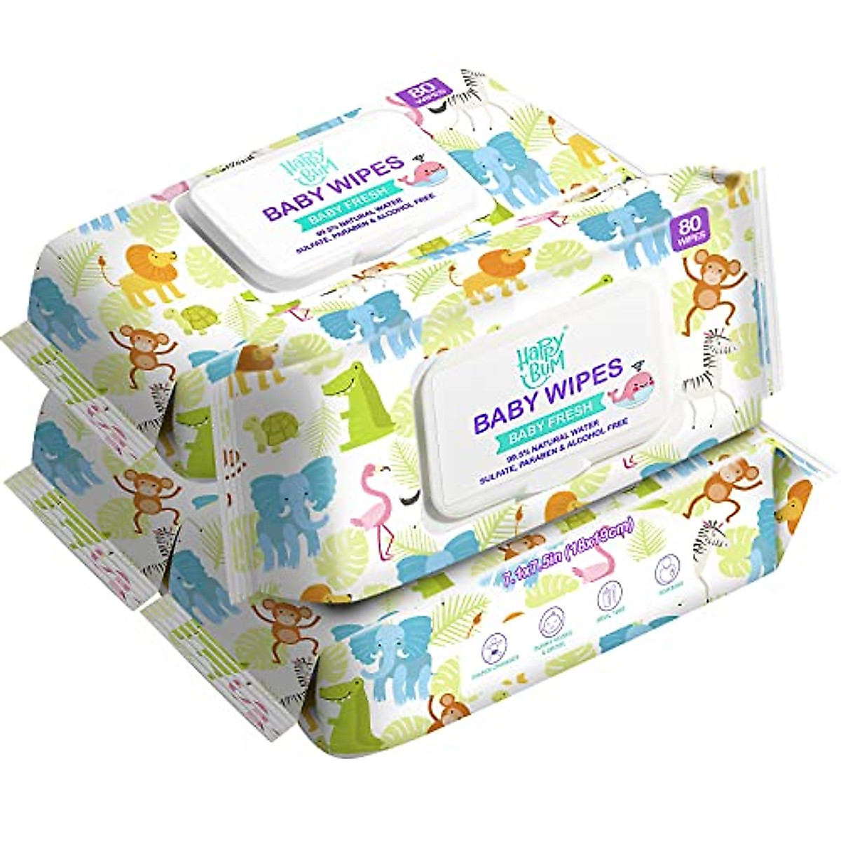 Baby Wipes - HAPPY BUM Sensitive Water Baby Diaper Wipes, Hypoallergenic, Unscented, 4 Flip-top packs (320 Wipes Total)