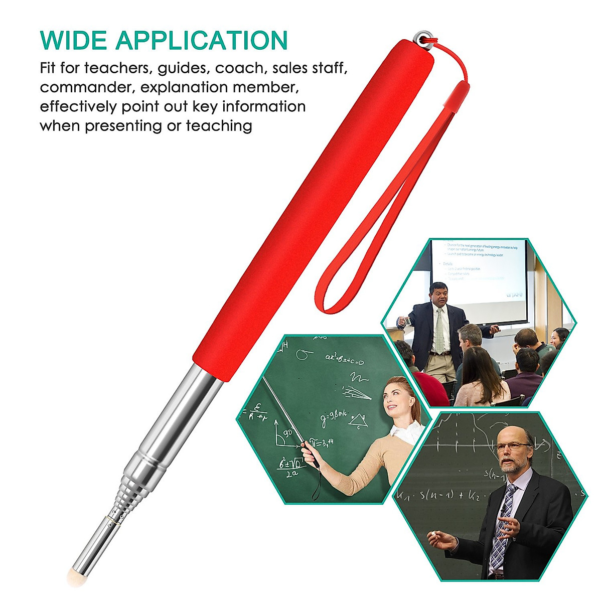 Alcoon 3 Pack Telescopic Teachers Pointer Retractable Handheld Presenter Extendable Classroom Whiteboard Pointer with Lanyard for Teachers, Coach, Presenter, Extends to 39 Inch (Black, Red, Blue)