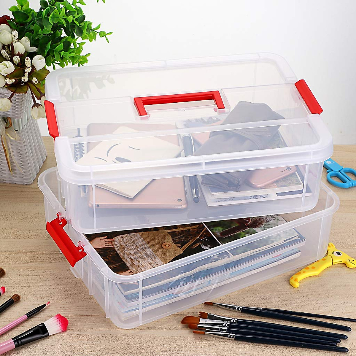 BTSKY 2 Layer Stack & Carry Box, Plastic Multipurpose Portable Storage Container Box Handled Organizer Storage Box for Organizing Stationery, Sewing, Art Craft, Jewelry and Beauty Supplies(Red)