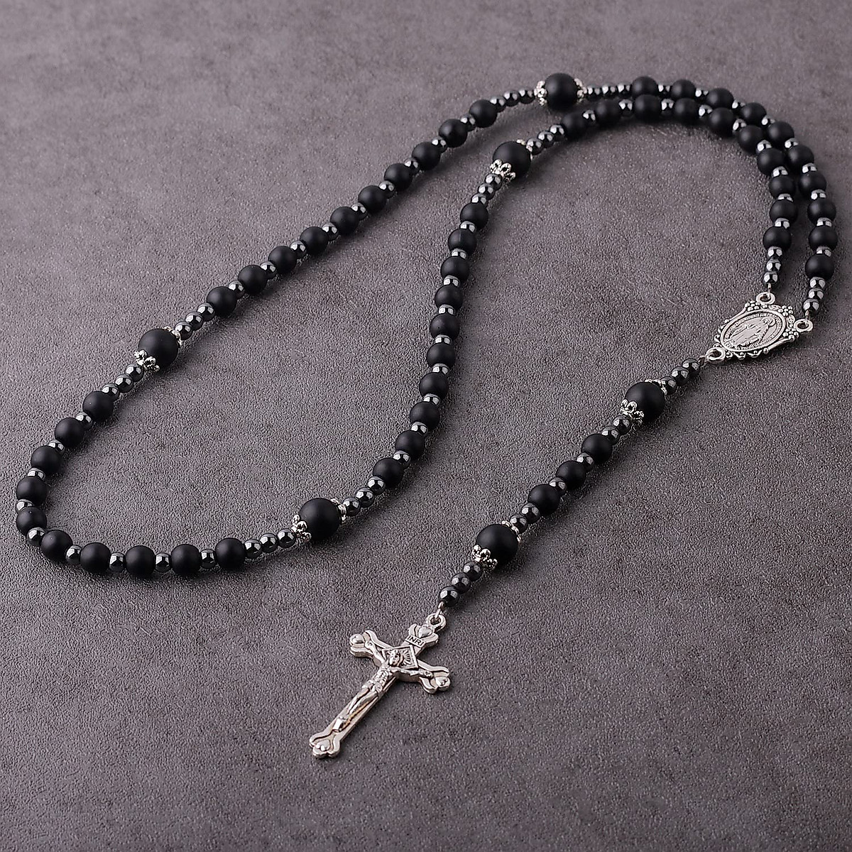 HanlinCC 6mm Black Glass Beads with 4mm Hematite Black Stone Beads Rosary Necklace with Miraculous Center piece and Crucifix pack in Velvet Gift Bag for Men and Women