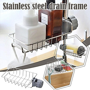 Kitchen Sink Caddy Organizer Over Faucet Sponge Holder, Stainless Steel Heavy Duty Thickening Hanging Faucet Drain Rack for Scrubbers, Soap, Bathroom, Detachable No Suction Cup or Magnet (Faucet Rack)