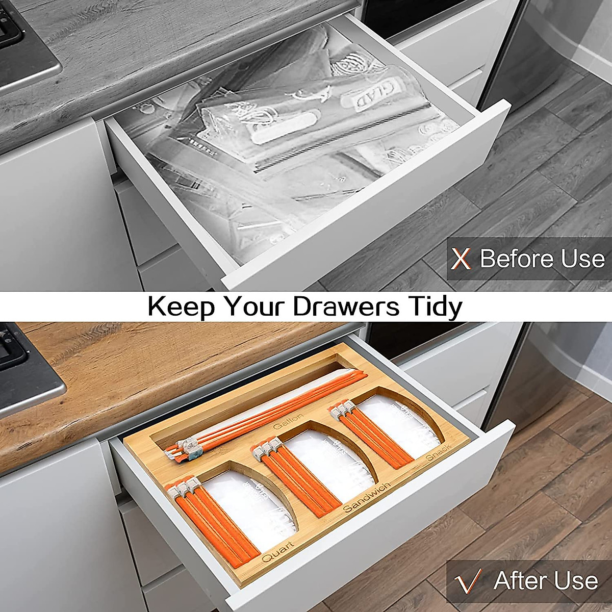 Bothixi Bamboo Ziplock Bag Storage Organizer for Kitchen Drawer, Bamboo Baggie Organizer,Openable Food Storage Bag Holders Compatible With Gallon, Quart, Sandwich & Snack Variety Size Bags