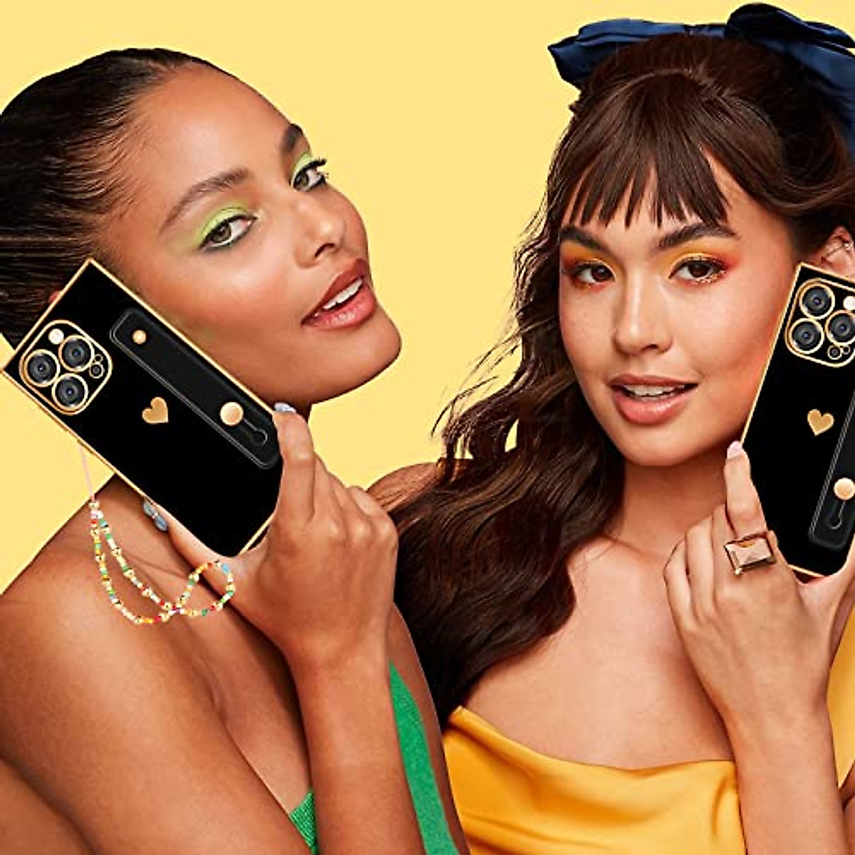 Petitian for iPhone 12 Pro Max Square Case with Loopy Stand/Strap, Luxury Cute Women Girls Heart Electroplated Designer Squared Edge Phone Cases for 12 Pro Max, Black