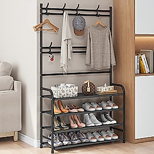 WEECRON Entryway Shoe Rack 4 Tier Shoe Shelf Storage Organizer with Hooks for Bedroom Closet, Black