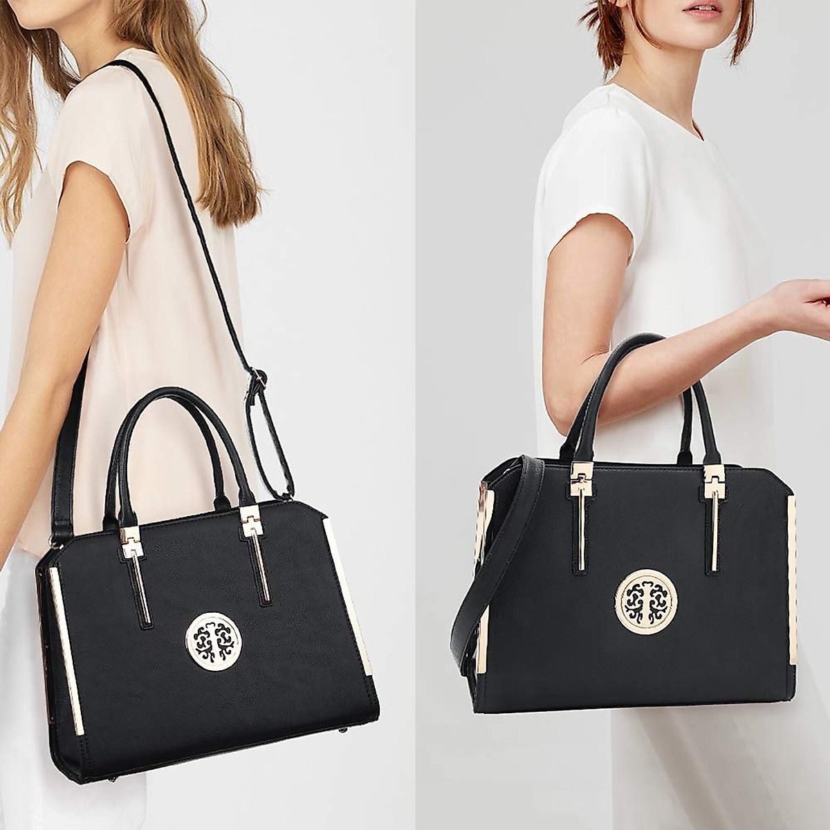 Dasein Women Large Handbag Purse Vegan Leather Satchel Work Bag Shoulder Tote with Matching Wallet (Black)