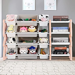 JOYLDIAS Kids Toy Storage Organizer with 4-Tier Shelf and 12 Removable Bins for Boys Girls Children's Room, Nursery, 47.2''x13.8''x33'', Pink