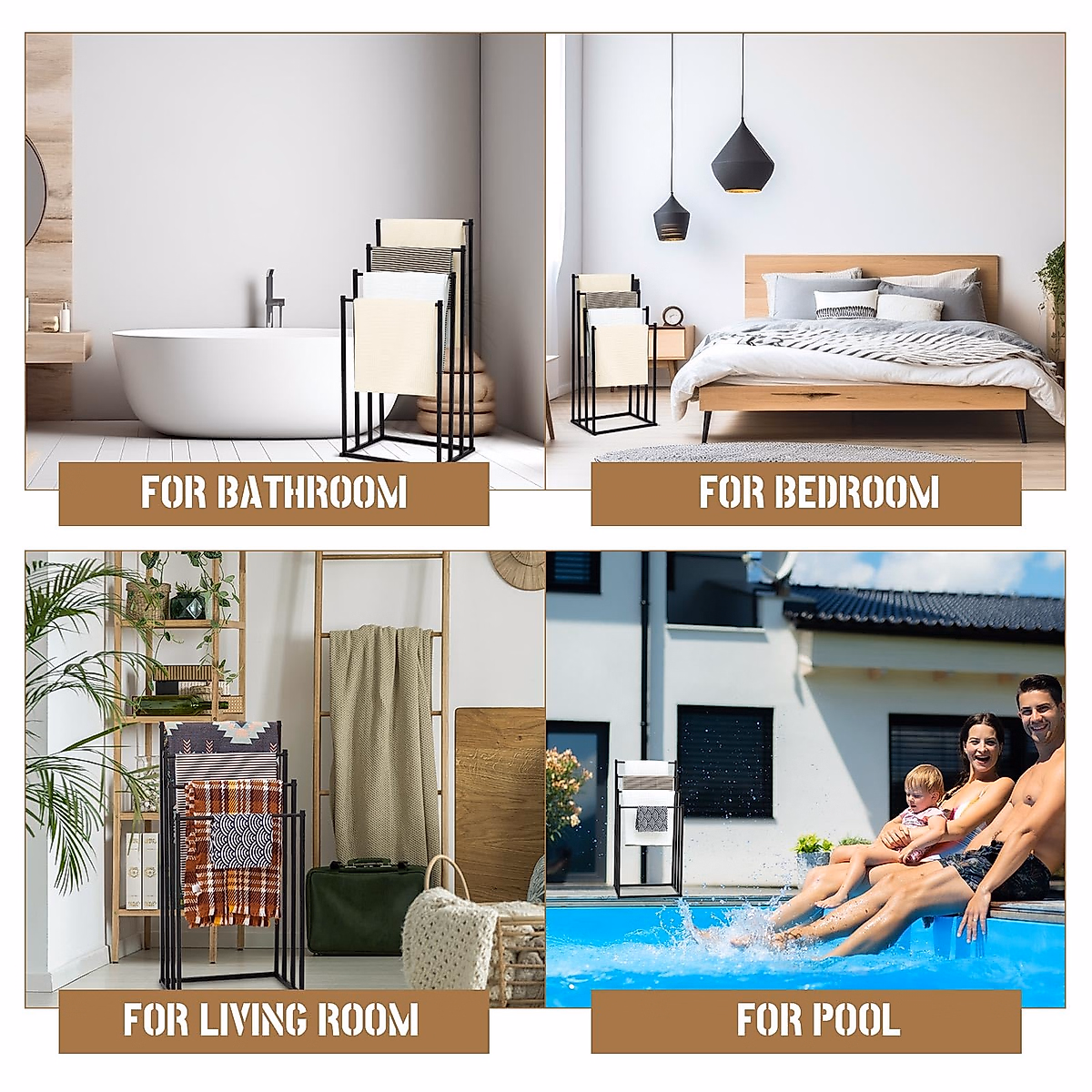 Suzile 4 Tier H Freestanding Towel Rack for Bathroom Metal Floor Standing Blanket Holder Drying Rack, Sturdy and Easy to Move for Outdoor Pool Bath Tub Shower Storage, Black