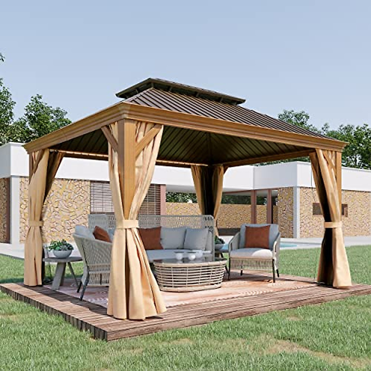 GAZEBEST 10' X 12' Permanent Hardtop Gazebo, Outdoor Galvanized Steel Double Roof Pavilion Canopy with Wood-Grain Coated Aluminum Frame and Privacy Curtains for Garden Patio,Backyard,Deck and Lawns