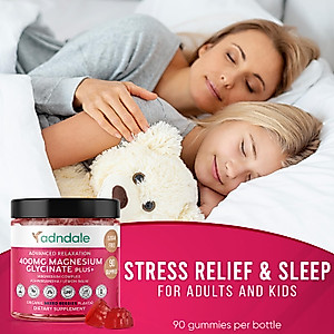 90 CT Magnesium Glycinate Gummies 400 mg/Serv - with Ashwagandha, Magnesium Malate & Taurate - Sugar Free Chews for Adults & Kids Relaxation, Stress Relief, Night Rest, Muscle & Cardio Support