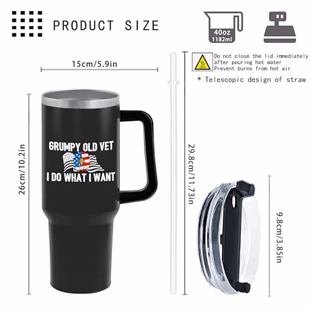 40 oz Tumbler with Handle Grumpy Old Vet I Do What I Want Tumbler Personalized Tumblers with Lid and Straw Insulated Tumbler Stainless Steel Tumblers