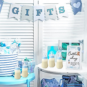 Roowest Bottle Chug Baby Shower Game Favors including Bear Theme Bottle Chug Game Wooden Sign and 18 Pcs Blue Baby Bottles for Baby Shower Game Gender Reveal Party Supplies