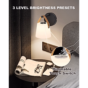 TACAHE Battery Operated Wall Sconce with Glass Shade - 3000K Warm White & 3 Brightness Setting - 4000 mAh Rechargeable Battery - Not Hardwired Needed - Wall Accent Night Light for Bedroom - Black