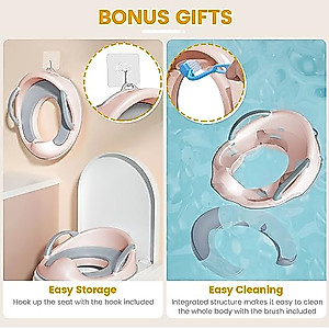 Orzbow Potty Training Toilet Seat for Boys and Girls with Handles & Detachable Soft Cushion, Kids Travel Potty Seat with Anti-Slip Design & Splash Guard, Includes Free Storage Hook,Toilet Brush, Pink