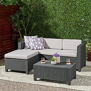 Great Deal Furniture Stephanie Outdoor Faux Wicker 3 Seater Sectional Set with Ottoman, Dark Gray and Gray