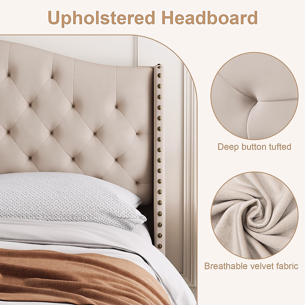 Amyove Tufted Upholstered Platform King Bed Frame with Headboard and Footboard, Velvet Platform Bed Raised Wing Back Headboard (Beige, King)