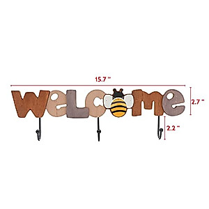 SELEAD Wooden Welcome Letter Sign with 3 Hooks - Wall Hanging Key Holder for Front Door, Entryway, Farmhouse, Rustic Home Decor Cute Cutout Bee