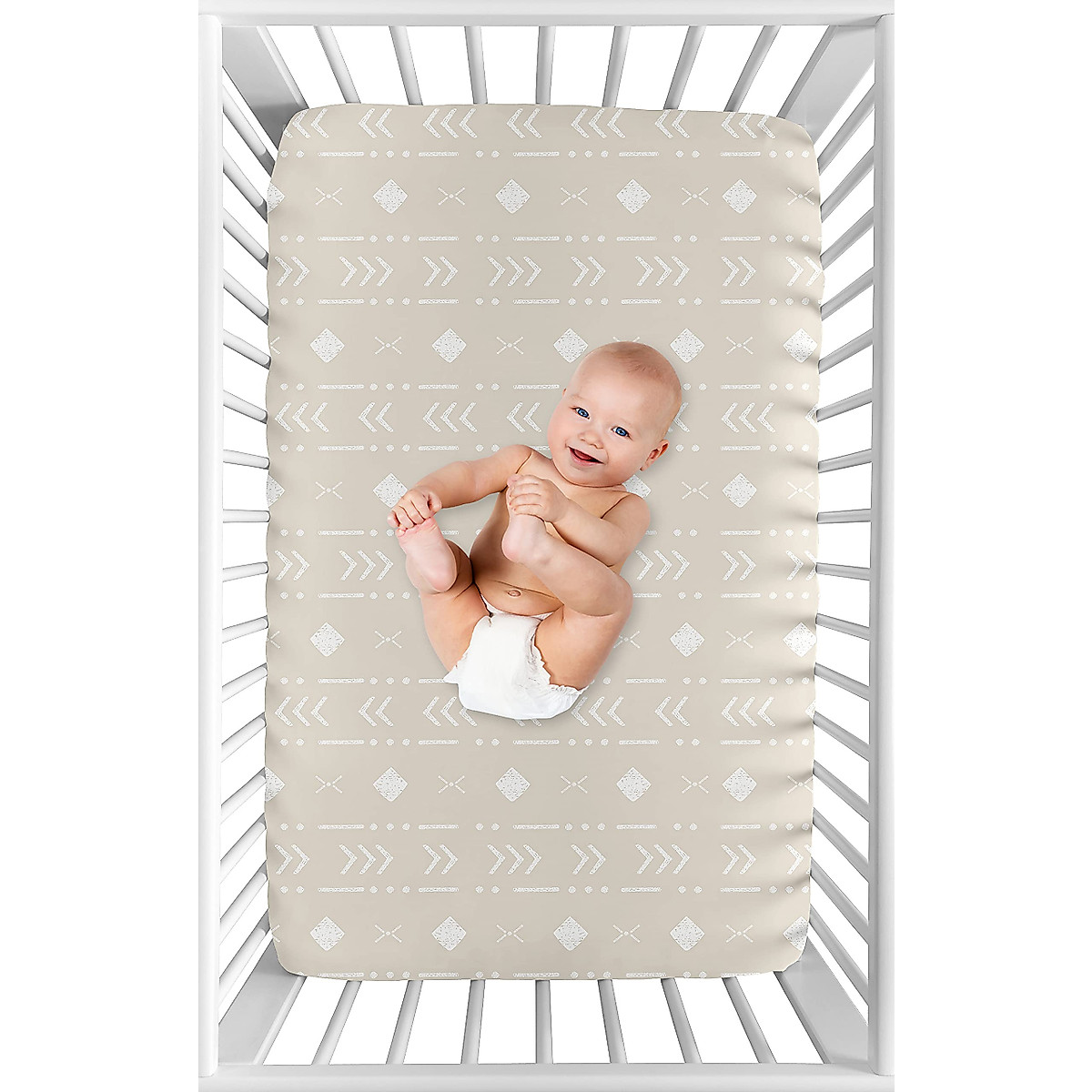 Sweet Jojo Designs Boho Aztec Geometric Boy Girl Fitted Mini Crib Sheet Baby Nursery for Portable Crib Pack Play - Gender Neutral Beige Taupe Tan White Bohemian Southwest Tribal for Llama Collection