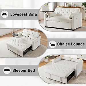 Skepphlay 3 in 1 Convertible Sofa, Sleeper Loveseat with Side Table, Pull Out Couch, 3-Level Adjustable Backrest, Recliner with 2 Pockets and 2 Pillows for Living Room Apartment Office, White