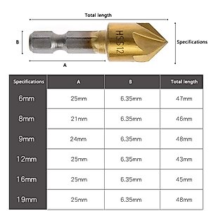 Countersink Drill Bit Set, Aplus HSS Countersink Drill Bit Set Hex Shank HSS Counterbore Reamer Countersink Chamfer Countersink Bit Set 6Pcs 5 Flute 90 ° Meter for Wood 1/4'' 6mm-19 mm