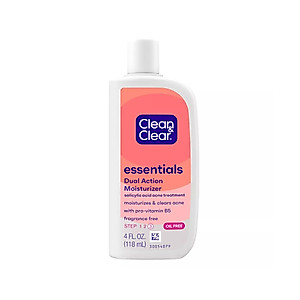 Clean & Clear Essentials Dual Action Facial Moisturizer with Salicylic Acid Acne Medication to Treat Acne and Prevent Pimples, Oil Free Face Moisturizer Cream for Acne-Prone Skin, 4 oz