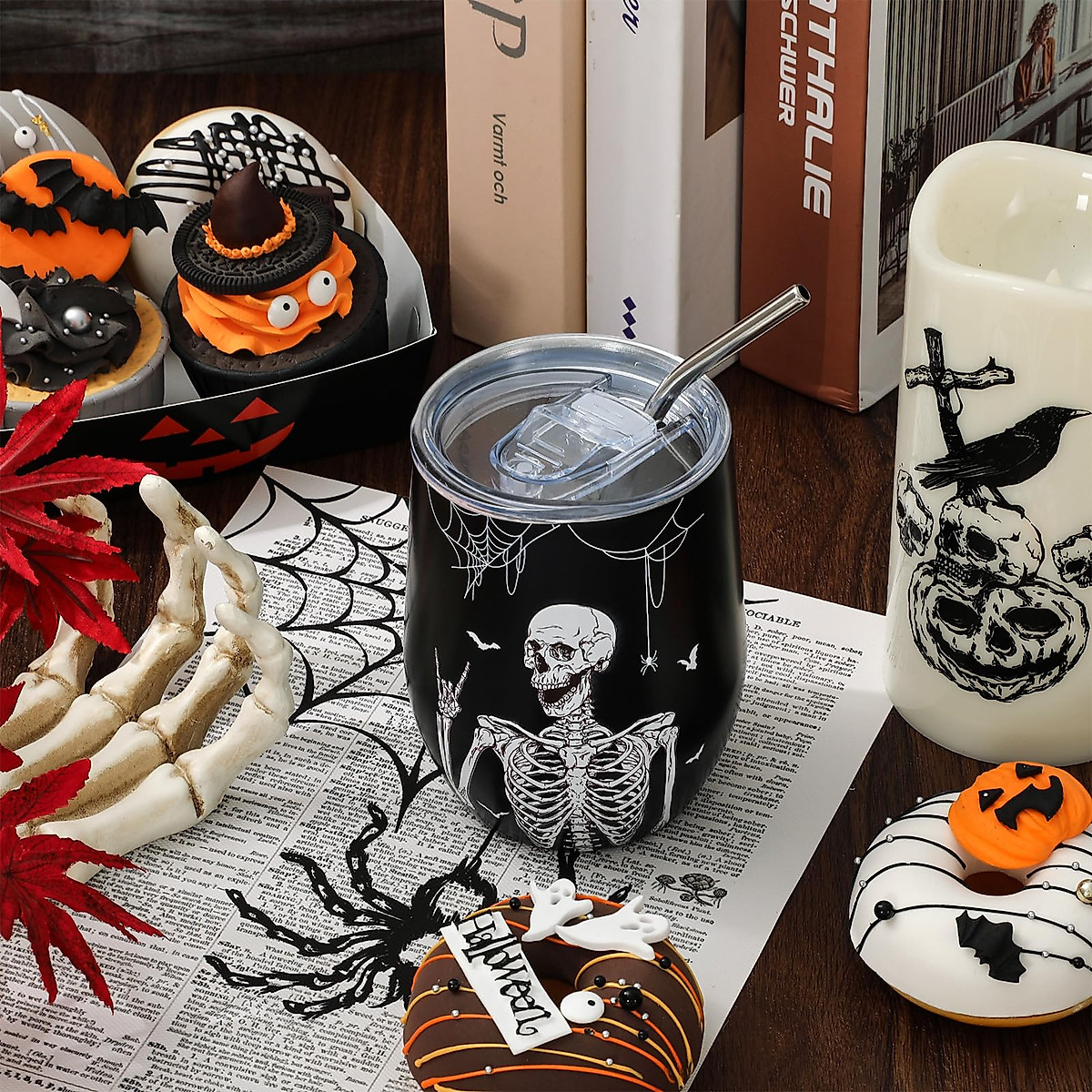Whaline Halloween Stainless Steel Wine Tumbler with Straw and Lid Black White Skull Bat Coffee Mug Skeleton Insulated Wine Tumbler for Hot and Cold Drinks Gift