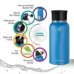 Swig Savvy BPA-Free Leak-Proof Stainless Steel Wide Mouth Insulated Water Bottle with Interchangeable Caps, 30 oz, Blue