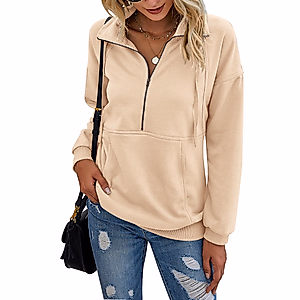 PRETTYGARDEN Women's Casual Long Sleeve Lapel Zipper Sweatshirt Drawstring Loose Pullover Tops (Apricot, Large)