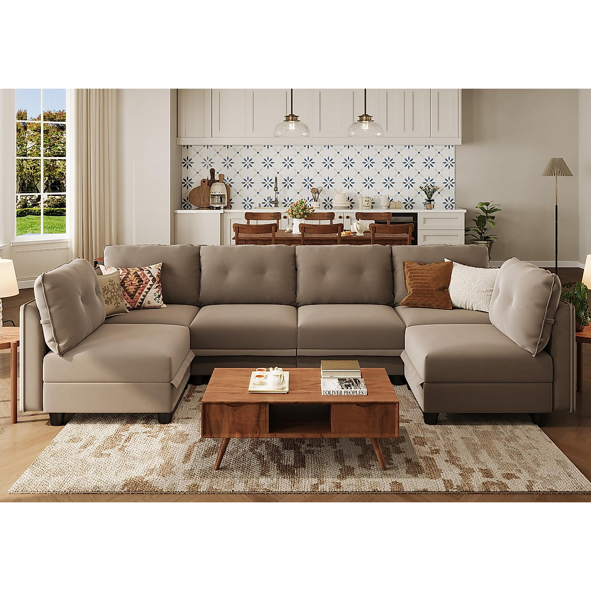LLappuil Modular Sectional Sofa with Storage U Shaped Couch with Reversible Chaise Velvet Waterproof Anti-Scratch Sofas for Living Room 6 Seats Grey Brown