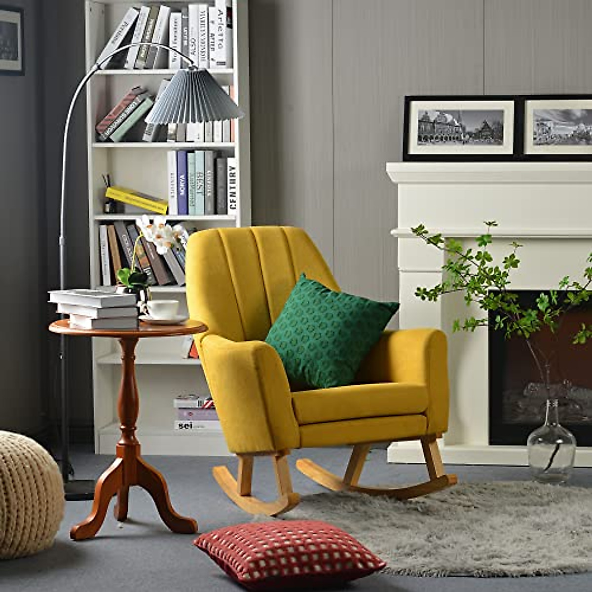 LETESA Nursery Rocking Chair Linen Fabric Upholstered Glider Rocker, Rocking Accent Chair Padded Seat with High Backrest, Armchair Comfy Side Chair for Living Room Bedroom Offices (Yellow)