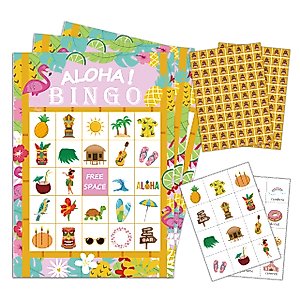 5"x7" Hawaiian Bingo Game Cards (24 Kinds), Luau Aloha Tropical Summer Party Game, Outdoor Indoor, Hiking, Trip Activities, Family Vacation Travel Bingo, Activity Games -010alohal