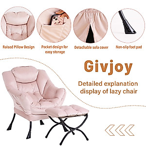 Givjoy Lazy Chair and Ottoman, Large Accent Lounge Chair with Armrests and a Side Pocket, Modern Leisure Upholstered Sofa Reading Armchair with Footrest for Bedroom, Living Room, Dorm Rooms, Office