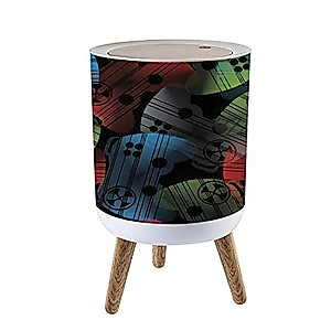 Trash Can with Lid Seamless Bright with joysticks Gaming Cool Print for Boys and Girls Press Cover Small Garbage Bin Round with Wooden Legs Waste Basket for Bathroom Kitchen Bedroom 7L/1.8 Gallon