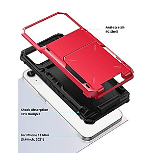 TITACUTE for iPhone 13 Mini Case Wallet 5 Credit Card Holder Flip Cover Design ID Slot Back Pocket Dual Layer Anti-Scratch Hard Shell Hybrid Protective Bumper for iPhone 13 Mini 5.4 Red