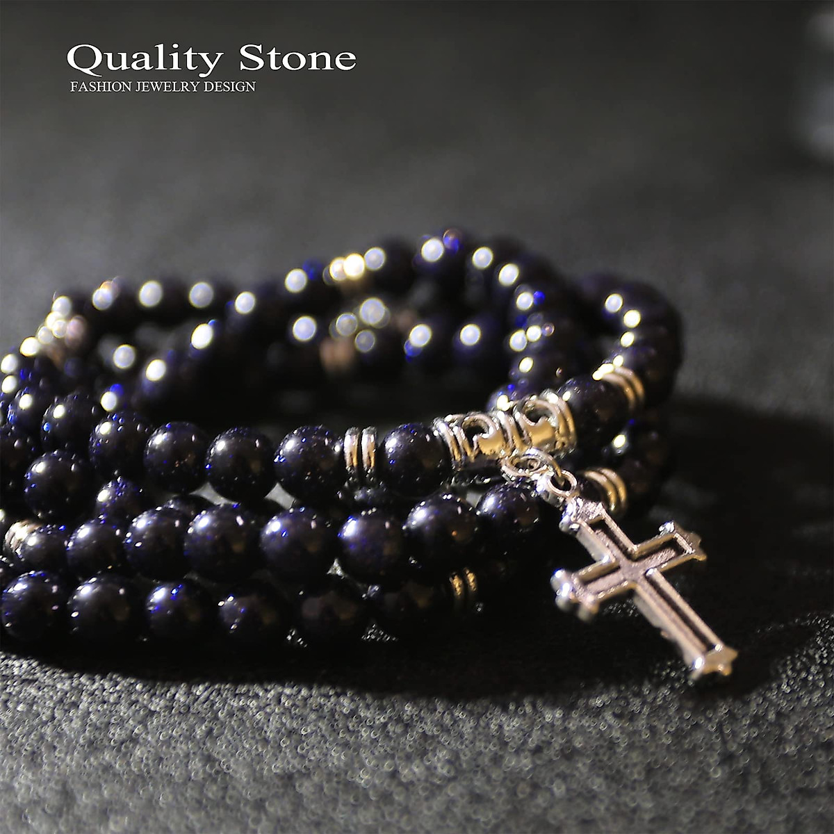 KS-WORKSHOP 108 Beads 6MM Wrap Bracelet for Women Handmade Stretch Long Chain Quality Stone Black Blue Sandstone Beaded Girls Charm Christ Pendant Semi-Precious Perfect Valentine's Gift Birthday