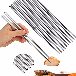 5 Pairs Metal Chopsticks Reusable, Stainless Steel Chopsticks Set, Lightweight 304 Non-Slip Metal Chop Sticks Dishwasher Safe, Japanese Korean for Cooking Chopsticks 8.9 Inch (Silver)