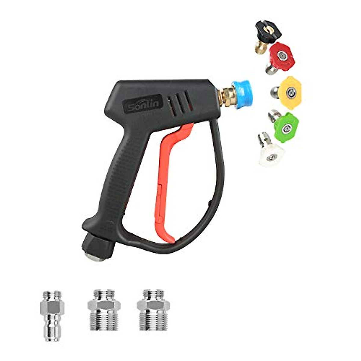 Sooprinse High Pressure Washer Gun 4000psi, High Pressure Spray Gun with 5 Quick Connect Nozzles,G1/4 Quick Connector Outlet with 3 pcs inlet adapters G3/8 quick connector, M22-14mm, M22-15mm