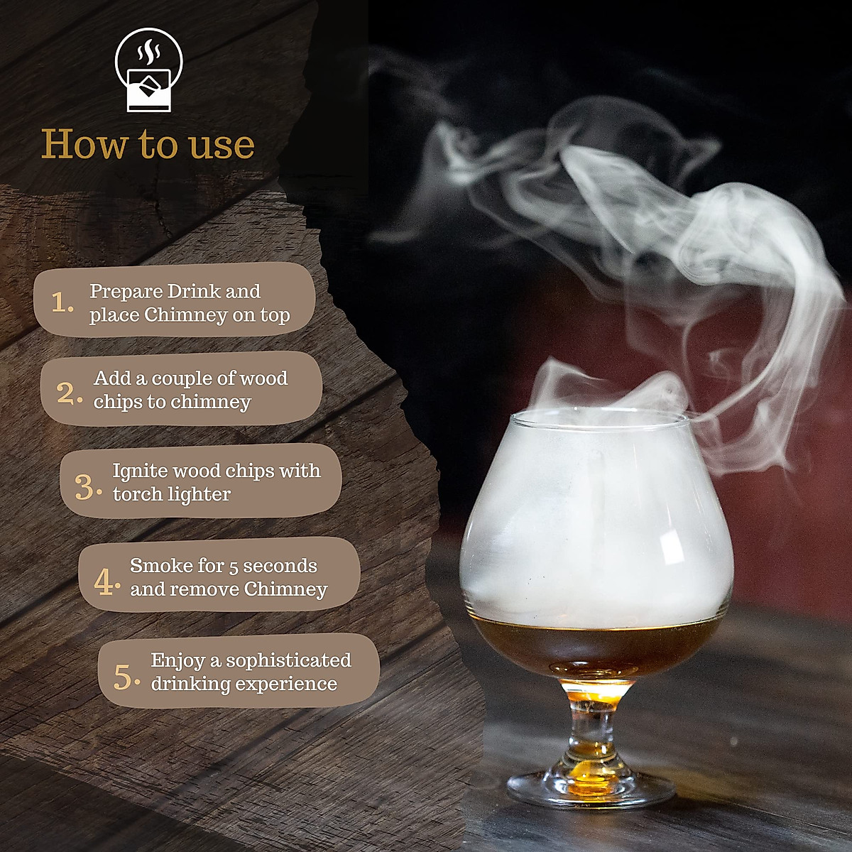 SNIFF & SIP Cocktail Smoker Kit for Drinks, Handcrafted Old Fashioned Drink Infuser - Glass Topper Chimney w/ Apple, Oak and Cherry Wood Shavings to Infuse Cocktails Whiskey Wooden CSK001